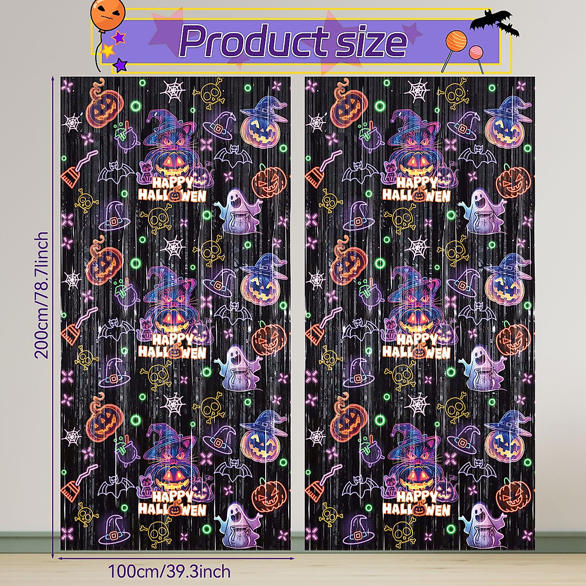 HOWAF 2 Packs Neon Halloween Ghost Fluorescence Foil Fringe Curtains Decoration 3.2 * 6.5ft Halloween Horror Night Glow UV Neon Pumpkin Bats Foil Fringe Photo Booth Backdrop Streamer Tinsel Curtains