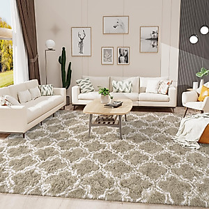 LOCHAS Luxury Shag Area Rug 5x8 Feet Geometric Plush Fluffy Rugs, Extra Soft Carpet Moroccan Rugs for Bedroom Living Room Dorm Kids, High Pile Shaggy Floor Rug Decor, Beige and White