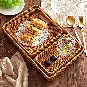 Hacaroa 3 Pack Rectangular Rattan Serving Tray, Hand Woven Wicker Basket Decorative Nesting Tray, Natural Weaving Storage Basket Tray Organizing Platter for Bread, Fruit, Drinks, Snack, 3 Sizes
