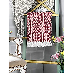 Throw Blanket With Fringes in Mini Diamond Design 50x60 Inch -Red White, Cotton Throw For Sofa, Chair, Bed, & Everyday Use, Well crafted for durability, Farmhouse Throw,All Season Throw Blanket