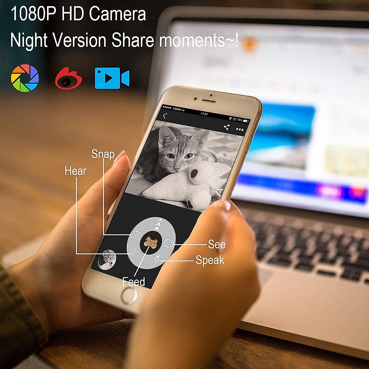 SKYMEE 8L WiFi Pet Feeder Automatic Food Dispenser for Cats & Dogs - 1080P Full HD Pet Camera Treat Dispenser with Night Vision and 2-Way Audio, Wi-Fi Enabled App for iPhone and Android