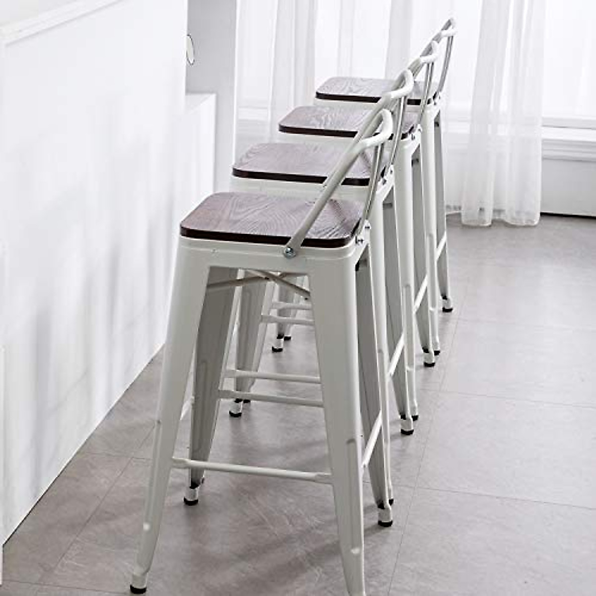 HAOBO Home Modern Industrial Metal Bar Stool Counter Height Stools [Set of 4] Stackable Dining Chair (24", Low Back White Wooden Seat)