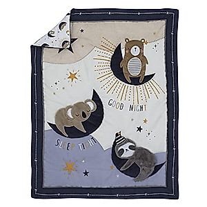 NoJo Goodnight Sleep Tight White & Blue Koala, Sloth, Bear, Star, & Moon 4Piece Nursery Crib Bedding Set, Navy, Light Blue, Grey, White