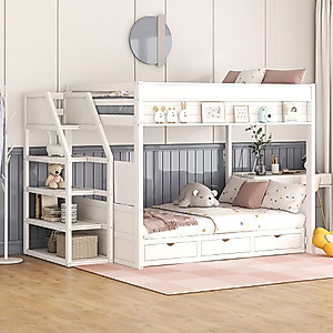 Harper & Bright Designs Full Over Full/Futon Bunk Beds with Stairs and 3 Drawers, Built-in Shelf, Bottom Bed can be Converted into Daybed, Solid Wood Bunk Bed Frame (White)