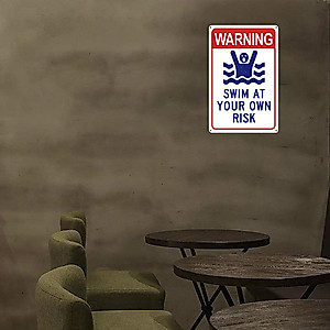 Warning Swim at Your Own Risk Pool Sign, Metal Pool Signs for Outdoor, Swimming Pool, Water Park Safety Tin Sign 12x8inch