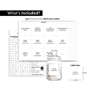 Dekluttr 173 Minimalist Bathroom Labels for Organizing Bathroom Preprinted Waterproof Organization Labels for Storage Bins Containers and Jars Sticks to Glass Plastic and Metal