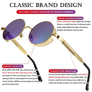 AIEYEZO Round Steampunk Sunglasses for Men Women Gothic Glasses Vintage Circle Metal Frame 100% UV Blocking Lens (Gold/Green Mirrored)