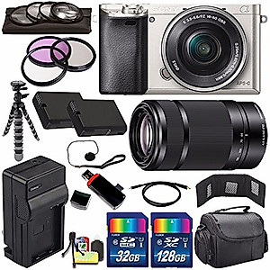 Sony Alpha a6000 Mirrorless Digital Camera with 16-50mm Lens (Silver) + Sony E 55-210mm f/4.5-6.3 OSS E-Mount Lens 160GB Bundle 26 - International Version (No Warranty)