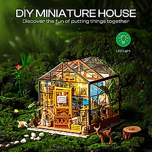 ROBOTIME DIY Dollhouse Wooden Miniature Furniture Kit Mini Green House with LED Best Birthday Gifts