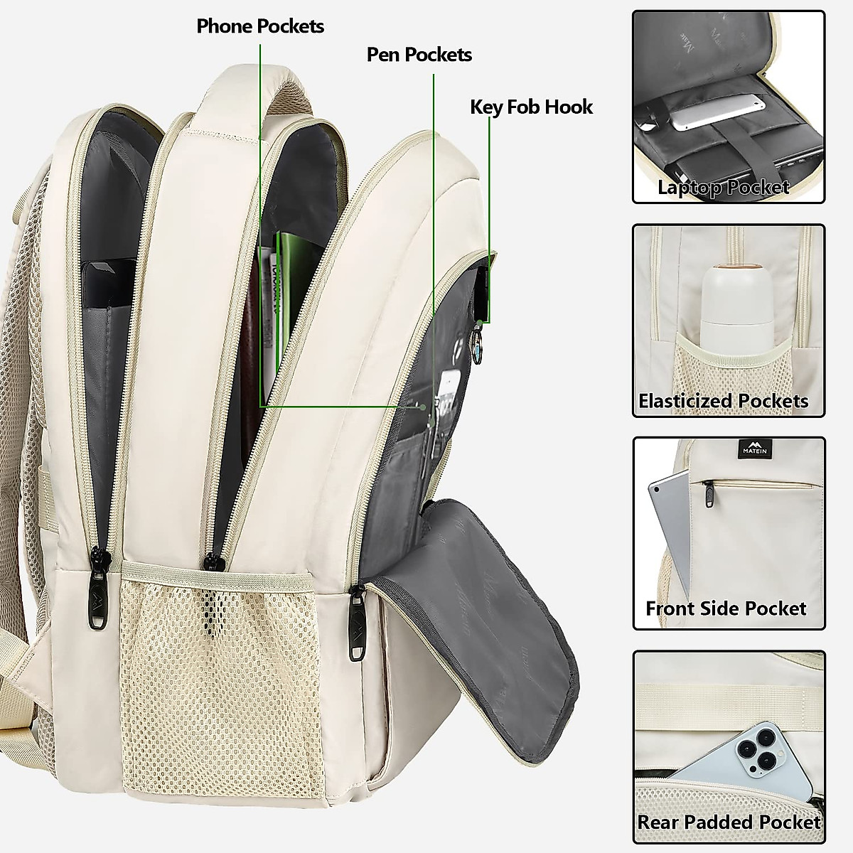 MATEIN Beige Laptop Backpack 15.6 Inch, Lightweight Sturdy Bag for College Supplies with USB Charging Port, Water Resistant Anti Theft Travel Computer Daypack Fashion Work Nurse Bag Gift for Women