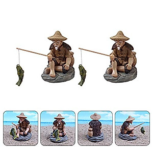2Pcs Mini Fisherman Figurine, Miniature Resin Fisherman Bonsai Figurine, Fairy Garden Figurine for Garden Decor Micro Landscape Fish Tank Sand Fairy