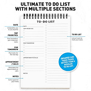 To Do List Notepad 6 Pack: Has Multiple Functional Sections - 5.2 x 8" 35 Sheets - Spiral Daily Planner Notebook - Task CheckList Organizer Agenda Pad for Work, Note and Todo Organization