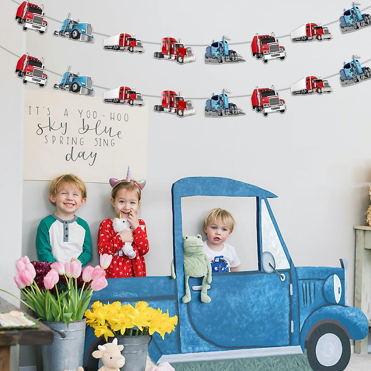 Jollyboom 2Pcs Construction Birthday Banner, Truck Birthday Banner Garland for Boys Girls, Heavy Truck Semi Truck Happy Birthday Banner for Transportation Theme Birthday Party Baby Shower