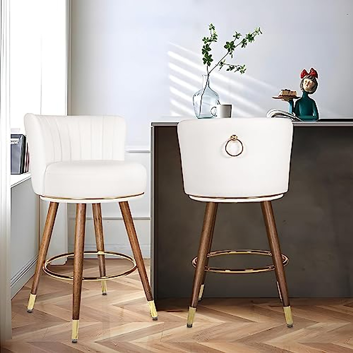 SeekFancy 27" Swivel Bar Stools Set of 4, Counter Heigh Bar Stools with Back, White & Gold Bar Stools with Wood Legs & Footrest, Upholstered Swivel Counter Stools,Leather Bar Chairs for Kitchen Island