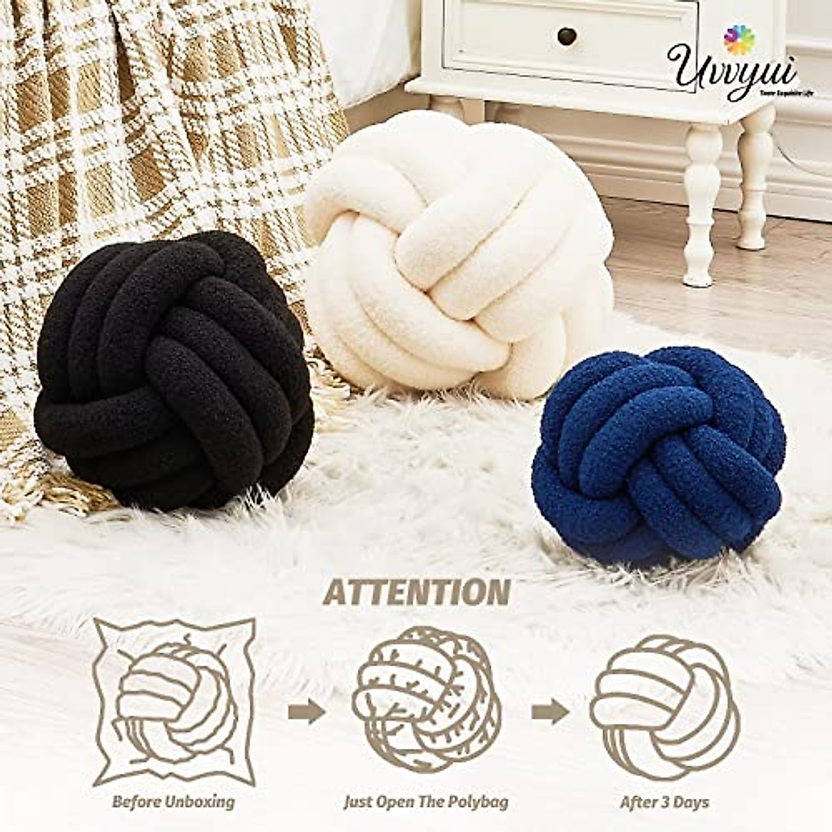 Uvvyui Knot Pillow Ball, Soft Home Decorative Pillows, Round Throw Pillow, Handmade Knotted Plush Pillow, Round Boucle Pillow Cushion (8.6 Inches Ivory)