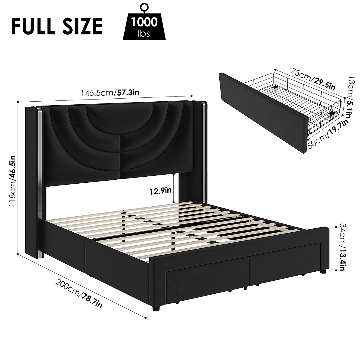 HITHOS Full Upholstered LED Bed Frame with 2 Storage Drawers, Velvet Platform Bed with Wingback Headboard, Solid Wooden Slats Support, No Box Spring Needed, Headboard Splicing Design, Black