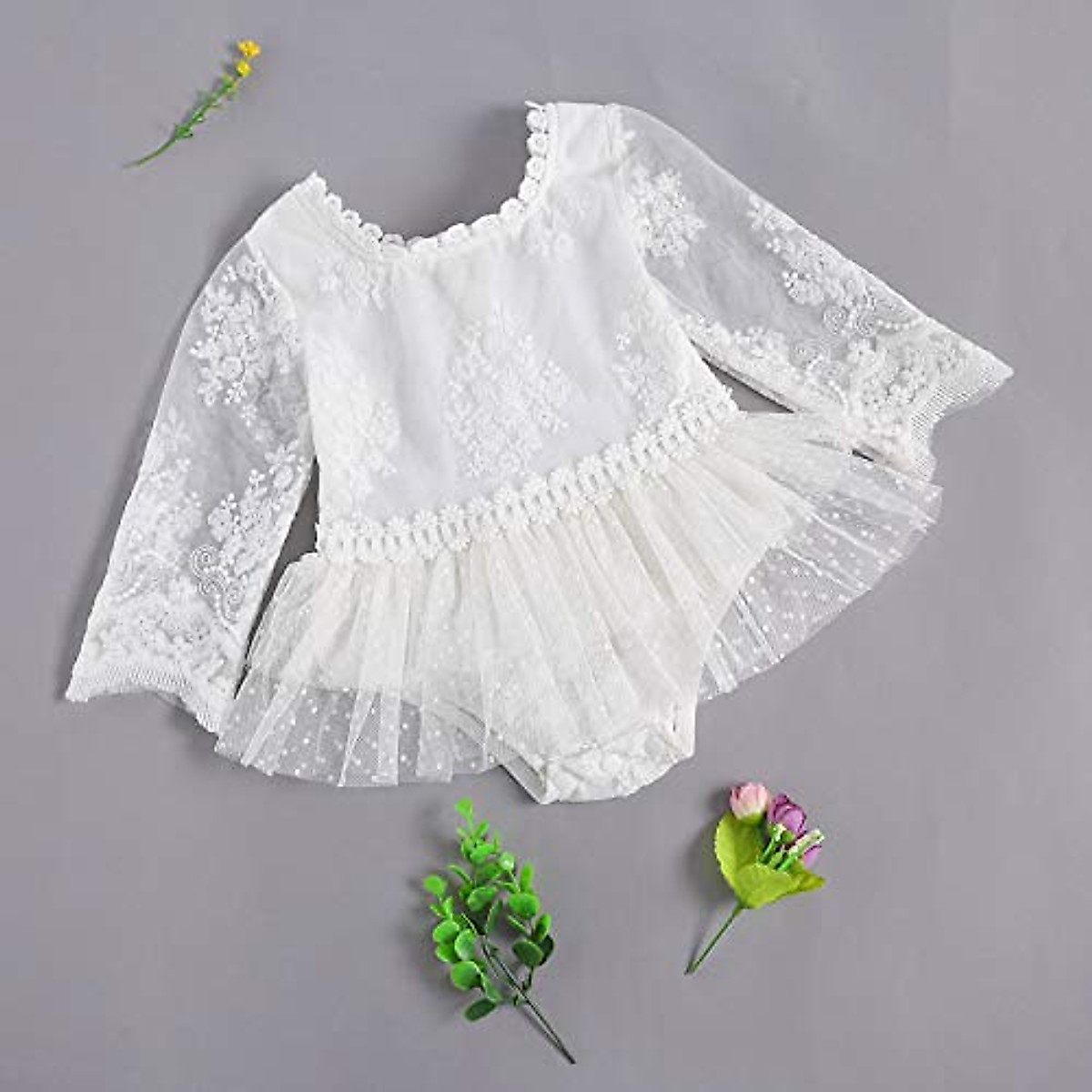 Kayotuas Newborn Infant Baby Girls Butterfly Sleeve Romper Clothes Ruffle Lace Bodysuit Tutu Dress Jumpsuit Princess Outfit (White Long-Sleeve #2, 0-6 Months)