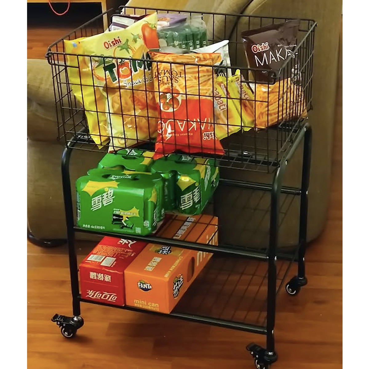 HENNZE Rolling Laundry Basket on Wheels,3 Tiers- Garment Storage Cart,Easy Moved Basket for Organizer,Black Metal Basket with Wheels, Garment Metal Rack for Clothes Wash and Dry Sort（Black