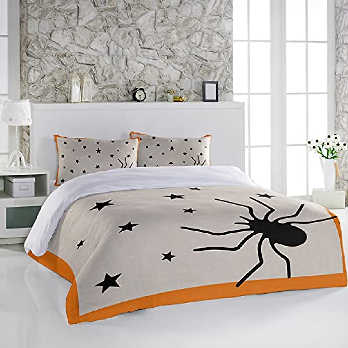 Halloween Spiders Queen Duvet Covers Scary Animal Black Stars 3-Piece Bedding Sets Luxury Soft Microfiber Bed Comforter Protector with Pillow Cases for Women Men Girl Boy Retro Burlap Orange Border