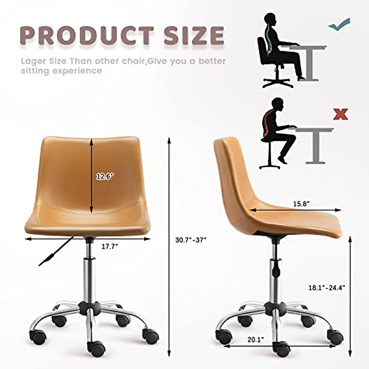 OFIKA Mid Back PU Leather Task Chair,Home Office Desk Chairs with Wheels, Leather Swivel Office Chair for Office, Home, Make Up,Small Space, Bed Room