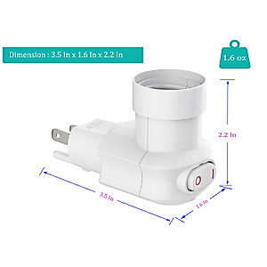 Borju Plug in Light Socket, Outlet to Socket Adapter, 360° Rotatable Plug with On/Off Switch, ETL Listed, White