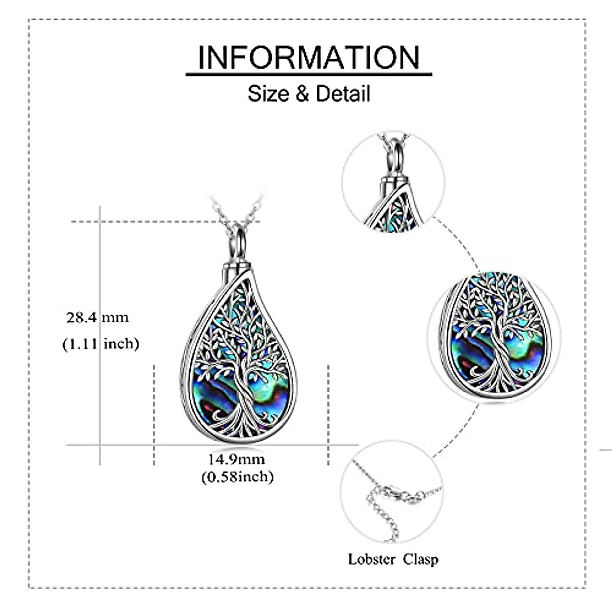 URONE Urn Necklace for Ashes Sterling Silver Teardrop Ashes Necklace Tree of Life Urn Pendant Cremation Jewelry for Ashes for Women Men