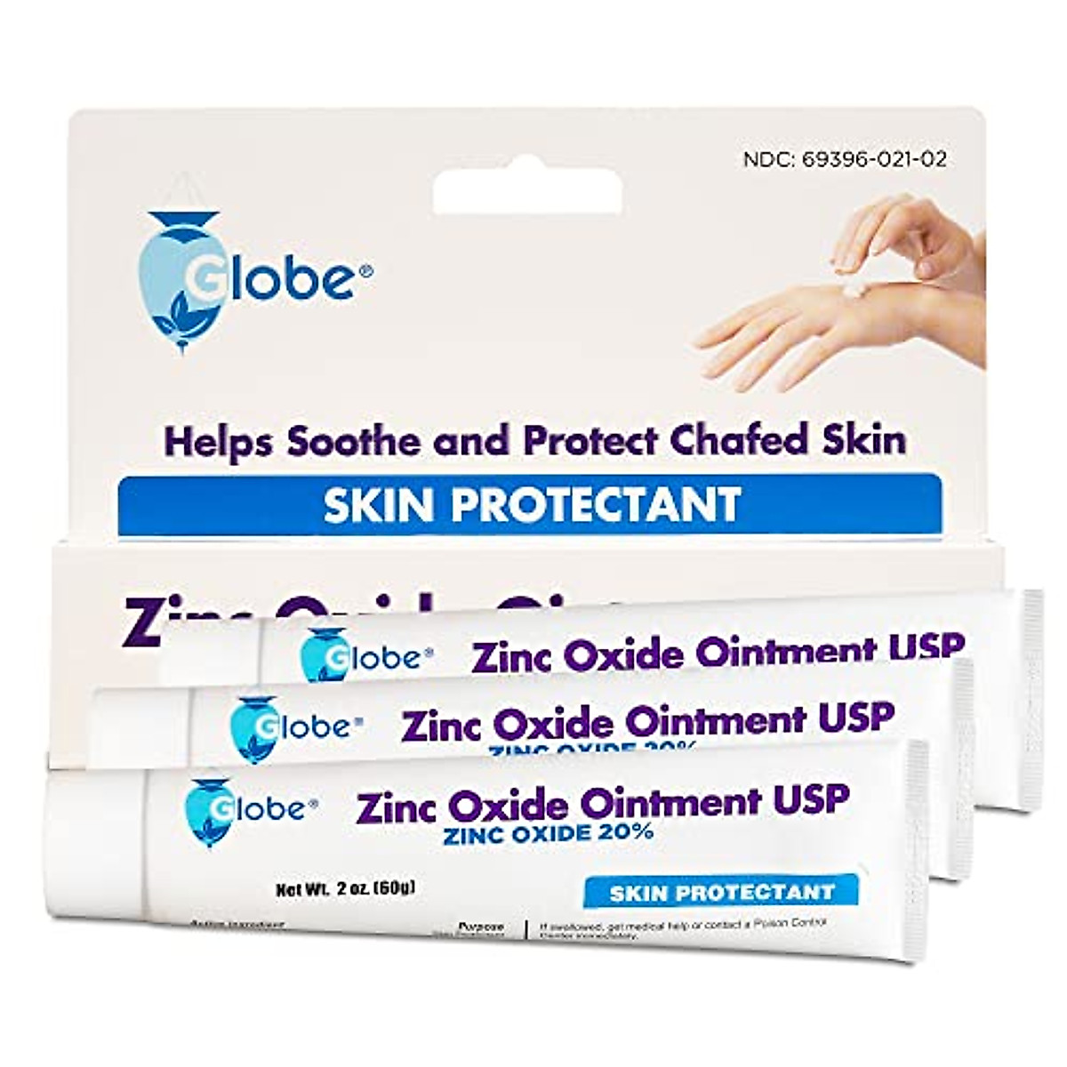 Globe Zinc Oxide Ointment 20%| 2 Ounce Tube (3 Pack) (Total 6 oz) | Advanced Skin Protection | for Diaper Rash, Relief from Poison Ivy, Sumac & Oak, Protects from Wetness, Protects Chafed Skin