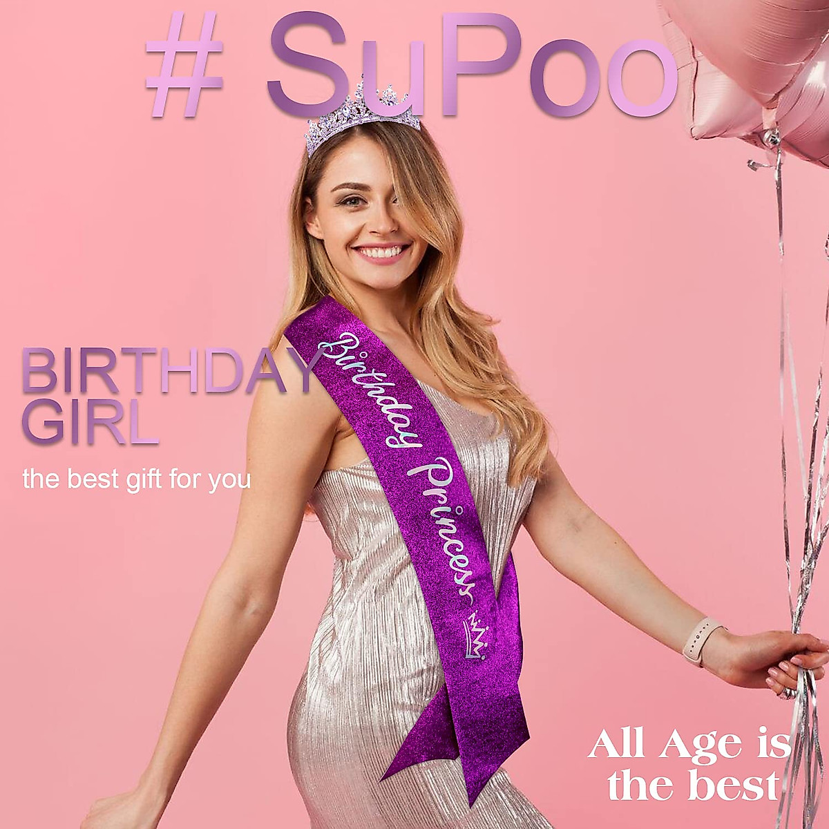 SuPoo Purple Birthday Sash and Crown Kit Princess Crown Birthday Tiara Birthday Girl Crown with Comb Glitter Birthday Sash for Women Crystal Tiaras for Girls Headband Happy Birthday Decorations Gifts