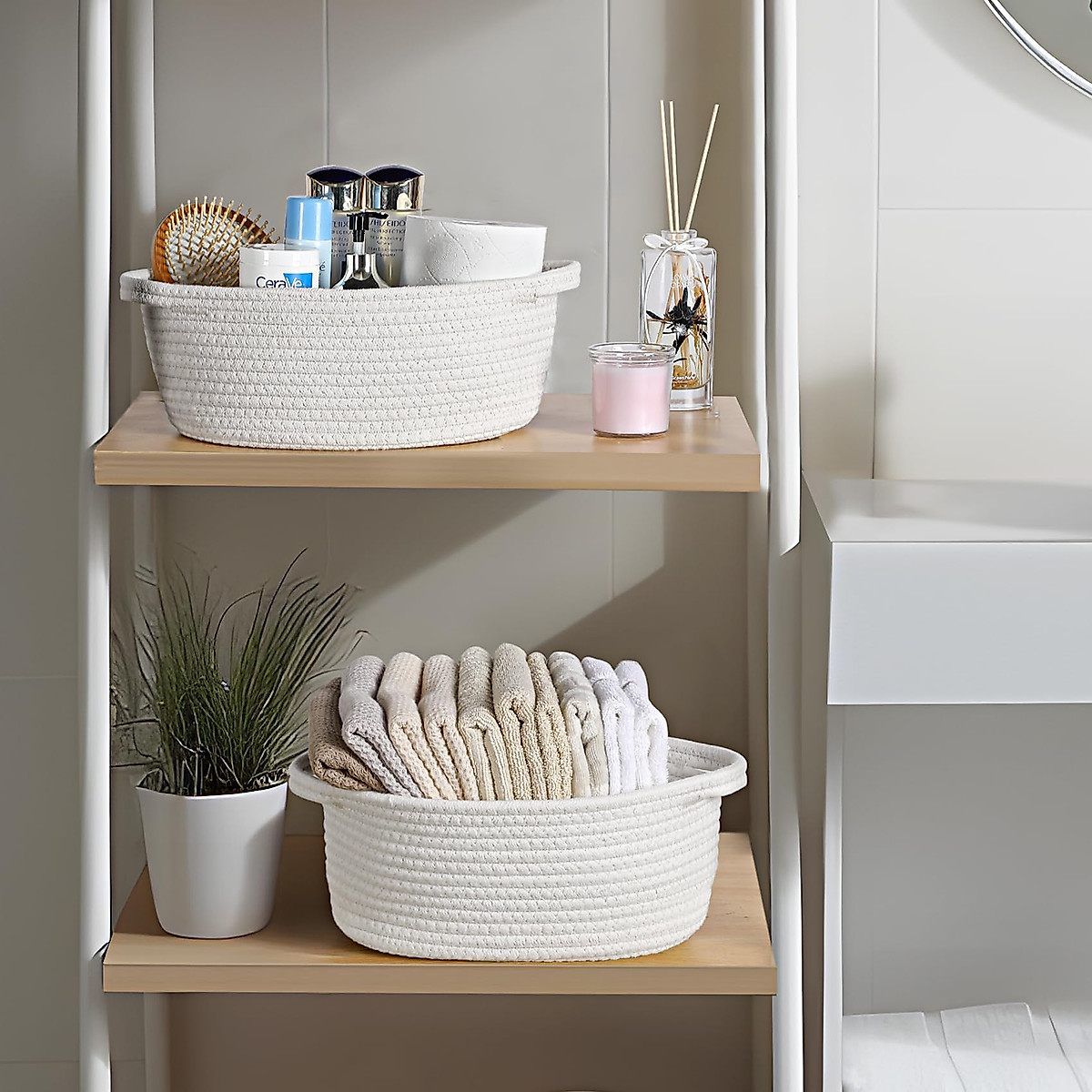 4 Pack Small Woven Basket with Handles, All 12"x 8"x 5", Cotton Rope Room Shelf Storage Basket, Cat Toys, Cute Baby Gift Basket with Gift Bags and Ribbons for Nursery, Empty Decorative Gift Chest Box