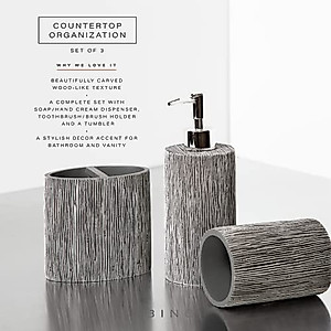 BINO Bathroom Accessories Set - Grey | Soap Dispenser | Toothbrush Holder | Tumbler | 3-Piece Bathroom Organizer Countertop Set | Bathroom Decor | Home Decor | Bathroom Set