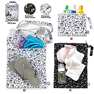 FLOCK THREE 3pcs Waterproof Wet Bag Tote Reusable Wet Clothes Baby Diapers Stroller Swimsuit Travel Reusable toiletries Pouch Small Larger Electronics case 3 Pack Dog (Yoga Dog)