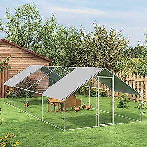 PawHut Large Chicken Coop Metal Chicken Run with Waterproof and Anti-UV Cover, Spire Shaped Walk in Fence Cage Hen House for Outdoor and Yard Farm Use, 1.26" Tube Diameter, 9.8' x 26.2' x 6.4'