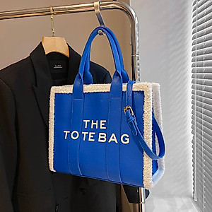 Tote Bag for Women, Large PU Leather Tote Bag with Lamb Wool, Crossbody/Handbag for Travel/Work/School (blue)