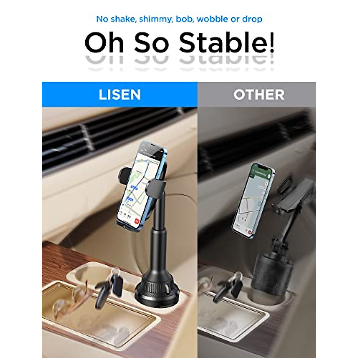 LISEN Cup Holder Phone Mount Holder No Shaking Cup Phone Holder for Car Rock Solid Car Phone Holder Mount for Cars, Trucks, SUVs etc, Compatible with iPhone 14 13 Plus Pro Max Samsung All 4-7'' Phones