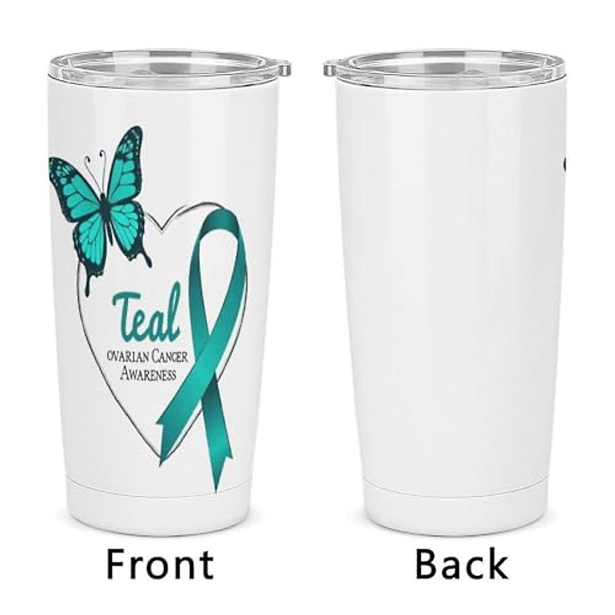 Teal Ribbon Butterfly Heart Ovarian Awareness 20 OZ Stainless Steel Tumbler Travel Car Coffee Mug with Straw Lid Cleaning Brush Coffee Tumbler Mug for Women Men