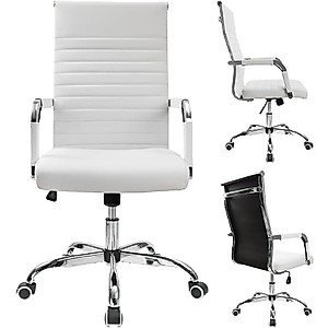 Office Chair,Ergonomic Office Chair Ribbed Office Desk Chair Mid-Back PU Leather Executive Conference Task Chair Adjustable Swivel Chair with Arms Home Office Desk Chair,