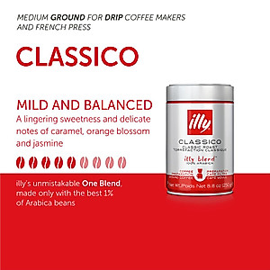 illy Drip Coffee - Ground Coffee - 100% Arabica Ground Coffee – Classico Medium Roast - Notes of Caramel, Orange Blossom & Jasmine - No Preservatives – Mild & Balanced – 8.8 Ounce (Pack of 6)