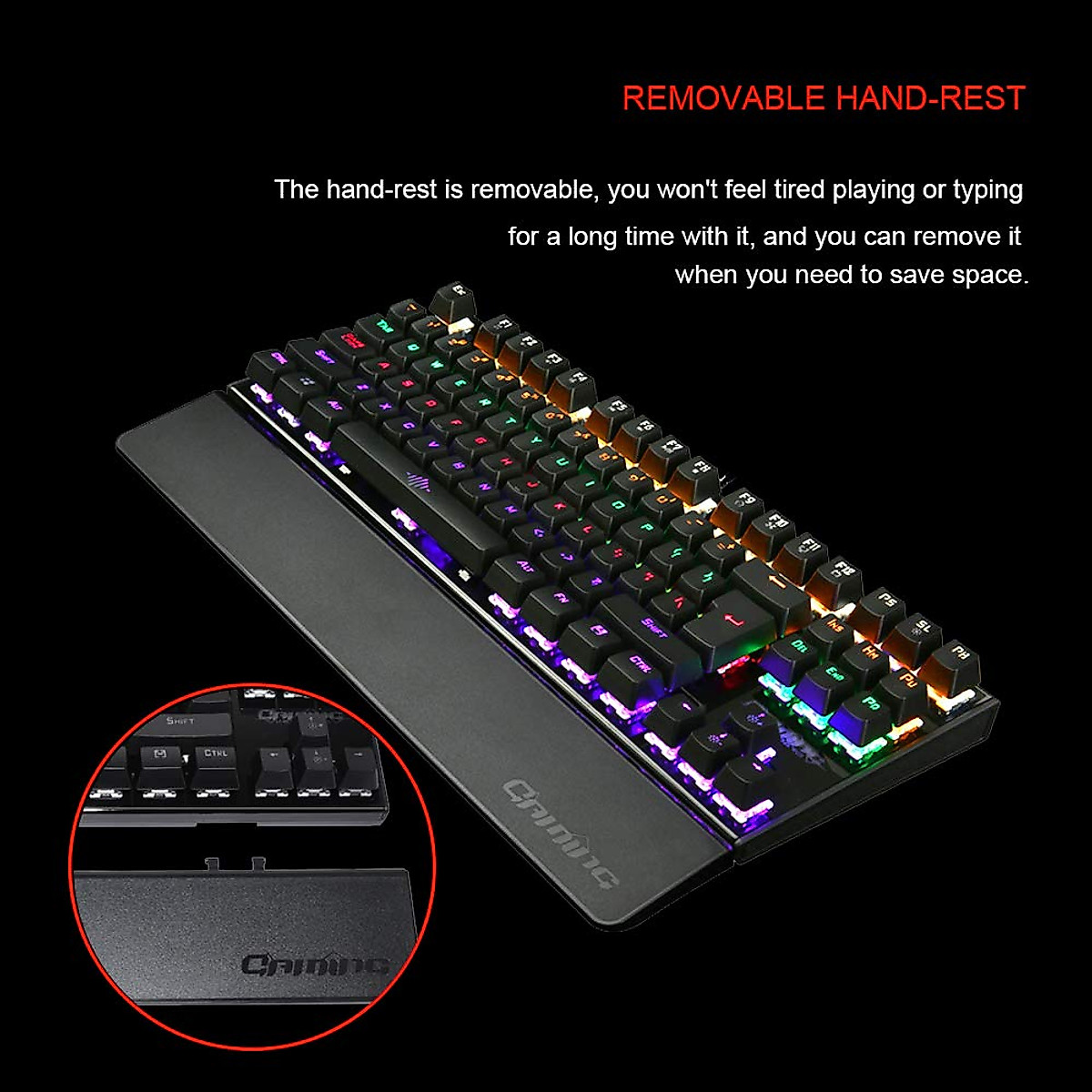 RedThunder K28 Mechanical Gaming Keyboard with Blue Switches, 87 Keys 100% Anti-ghosting Keyboard with Colorful LED Backlight and Big Hand-Rest for PC and Laptop Gamers