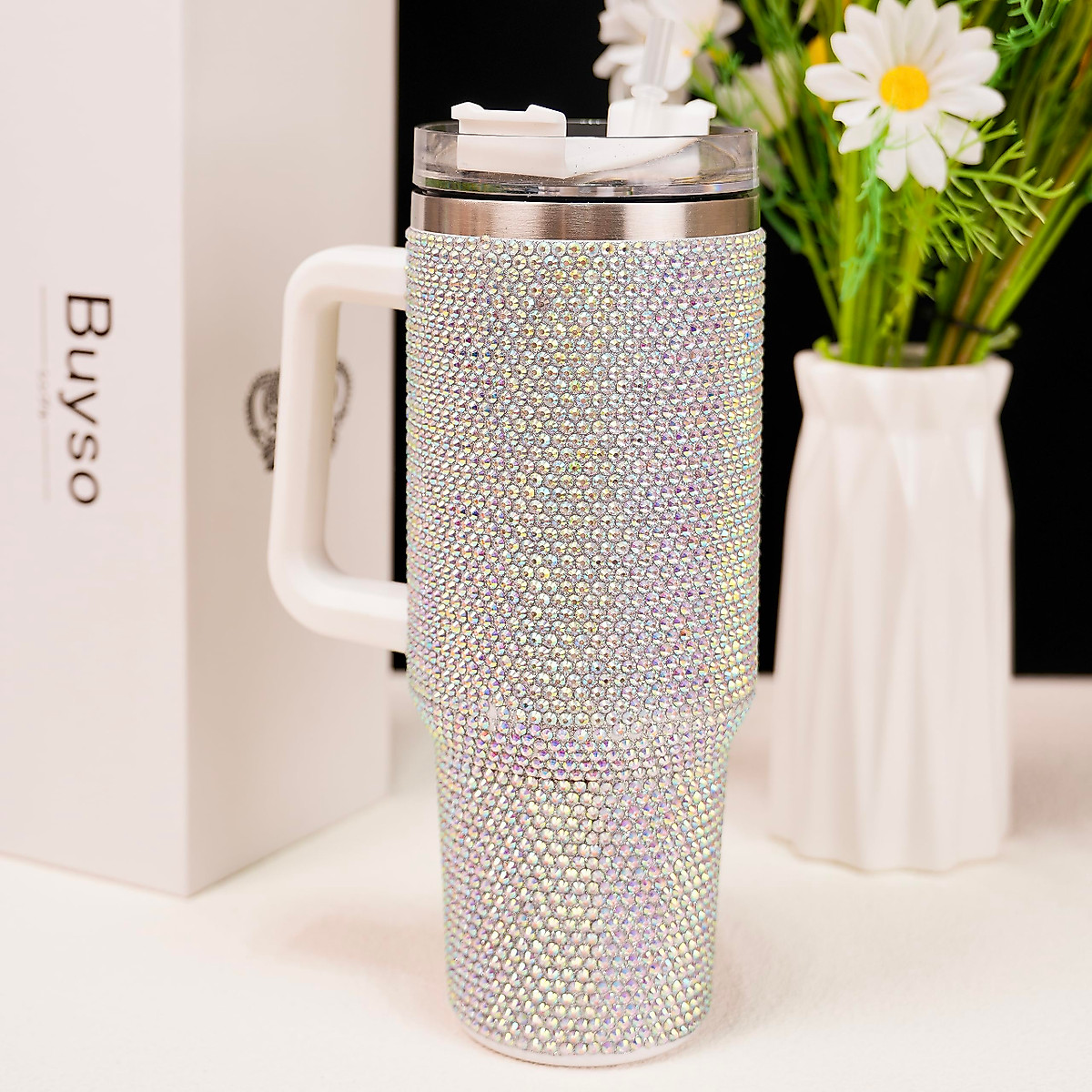Buyso 40 Oz Bling Tumbler With Handle Rhinestones Tumbler With Lid and Straw Fix for Car Cup Holder Insulated Stainless Steel Double Wall Water Cup Travel Mug Tumblr For Women (40 oz, Shiny)