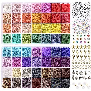 Quefe 45000pcs 2mm Glass Seed Beads Kit in 56 Colors for Jewelry Making with 260pcs Alphabet Letter Beads for DIY, Art and Craft with Rolls of Elastic String Cord, Charms Pendants and Evil Eye Beads