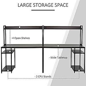 HOMCOM 94.5in Industrial Double Computer Desk with Hutch and Storage Shelves, Extra Long Home Office Writing Table 2 Person Workstation, CPU Stand, Brown Wood Grain
