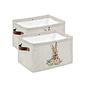 Easter Rabbit Large Storage Baskets Bins Watercolor Bunny Spring Florals Collapsible Storage Box Laundry Organizer for Closet Shelf Nursery Kids Bedroom （2 pcs)