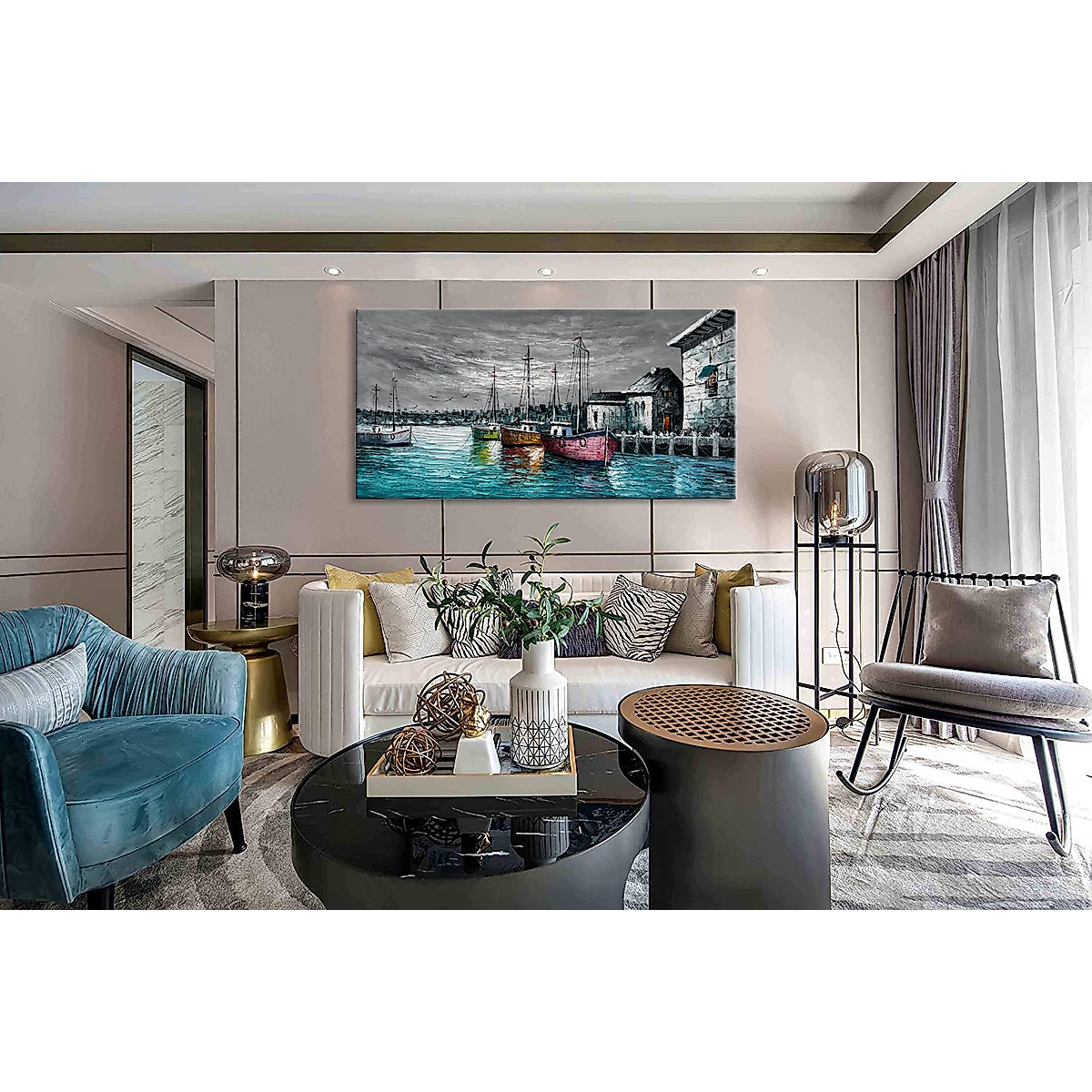 zoinart Hand Painted Large Canvas Wall Art 48x24 Inches Abstract Wall Paintings Contemporary Texture Wall Art Wharf Landscape Artwork Living Room Bedroom Wall Decor Ready to Hang