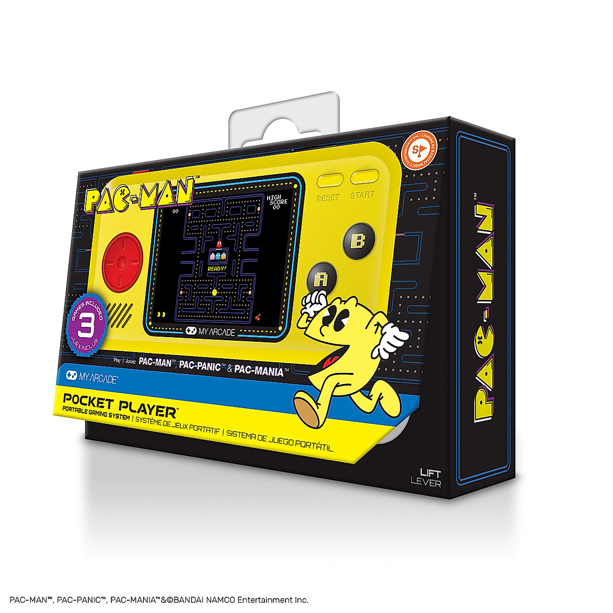 My Arcade Pocket Player Handheld Game Console: 3 Built In Games, Pac-Man, Pac-Panic, Pac-Mania, Full Color Display, Speaker, Volume Controls, Headphone Jack, Battery or Micro USB Powered, Yellow
