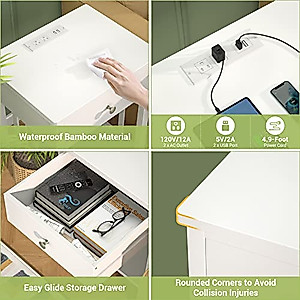 Homykic White Nightstand with Charging Station Set of 2, Bamboo Bedside Table Set with USB Ports and Outlets, Night Stand End Table with Drawer for Bedroom, Living Room, Small Space