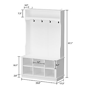 AIEGLE Entryway Hall Tree with Shoe Bench, 3-in-1 Hallway Hall Tree with Coat Rack, 6 Shoe Storage Cubes and 4 Hanging Hooks, White (39.8" L x 17.3" W x 67.1" H)