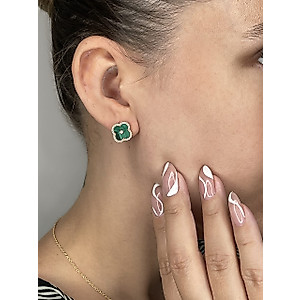 Lavari Jewelers Four Petal Halo Flower Stud Earrings for Women - Elegant Green Malachite & Cubic Zirconia in 925 Sterling Silver - Hypoallergenic Yellow Gold Plated - 11 MM Push Back Studs for Her