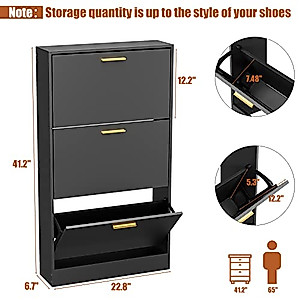 JOZZBY Shoe Cabinet for Entryway, Black Slim Shoe Cabinet with 3 Flip Drawers Narrow Shoe Storage Cabinet Freestanding Shoe Organizer for Entryway, Hallway, Living Room