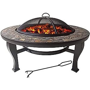LEAYAN Garden Fire Pit Grill Bowl Grill Barbecue Rack Black Outdoor Fire Pit, Round 34" Natural Slate Top with Spark Screen Cover for Backyard Patio with Cover BBQ Cooking for Camping Backyard