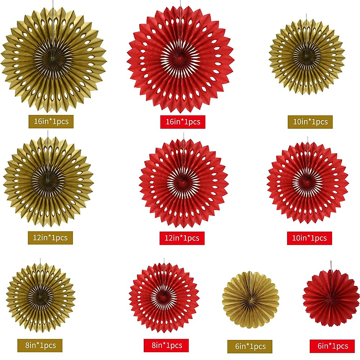 BEISHIDA Red Gold Hanging Honeycomb Round Paper Fans Decoration Wedding Theme Tissue Paper Fan Garland for Birthday Anniversary Bachelorette Graduation Party Christmas New Years Supplies（10packs）